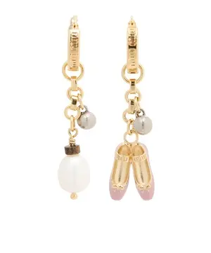 Miu Miu Gold Finish Hoop Earrings With Pearl And Ballet Slipper Charms