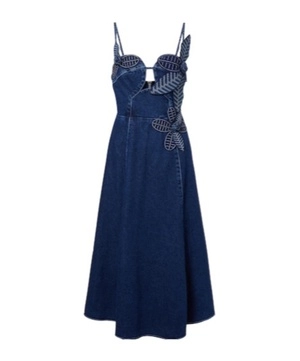 Farm Rio Floral Appliqué Denim Midi Dress - Blue