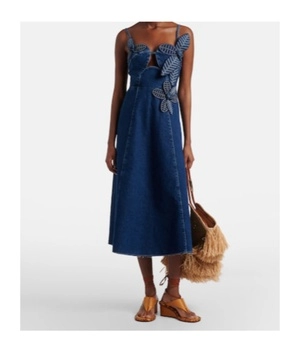 Farm Rio Floral Appliqué Denim Midi Dress