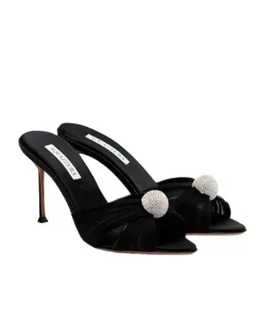 AQUAZZURA Embellished Satin Mules With Leather Trim - Black