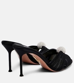 AQUAZZURA Embellished Satin Mules With Leather Trim - Black