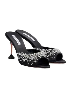 AQUAZZURA Embellished Satin Mules - Black