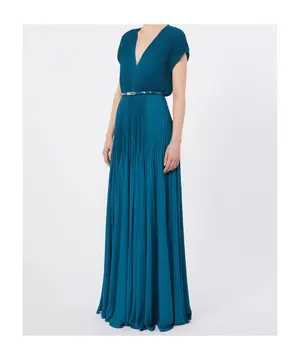 Max Mara Pleated V-neck Maxi Dress With Open Back - Verde Abisso