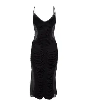 MUGLER Pleated Mesh Midi Dress - Black