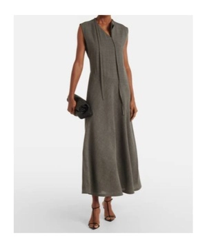 JIL SANDER Tie Neck Virgin Wool Canvas Midi Dress