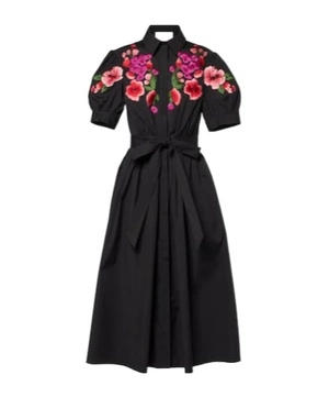 Carolina Herrera Floral Embroidered Cotton-blend Shirt Dress - Black