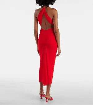 MUGLER Pleated Neckline Midi Dress