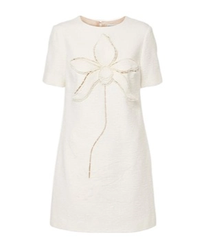 Oscar De La Renta Orchid Embroidered Cotton Tweed Shift Dress - White