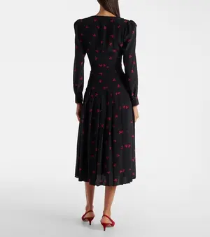 Alessandra Rich Printed Silk Midi Dress With Bow Detail