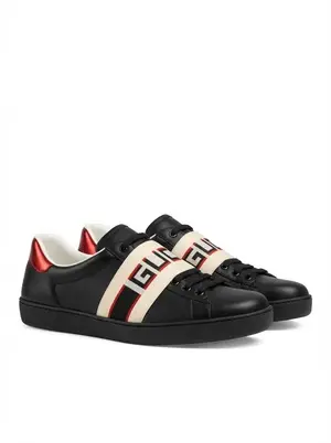 Gucci Red And Cream Logo Stripe Leather Sneaker - Black