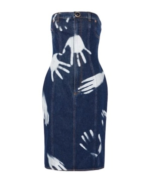 AREA Printed Strapless Denim Midi Dress - Blue