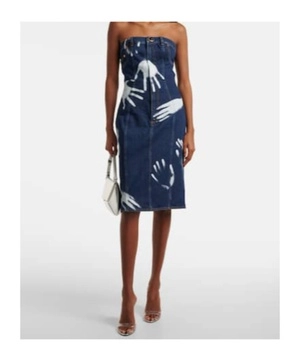 AREA Printed Strapless Denim Midi Dress
