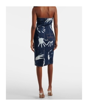 AREA Printed Strapless Denim Midi Dress