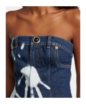 AREA Printed Strapless Denim Midi Dress