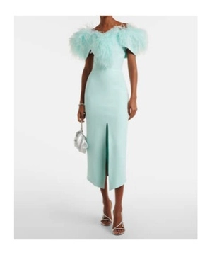 David Koma Off-shoulder Feather-trimmed Midi Dress With Slit Detail