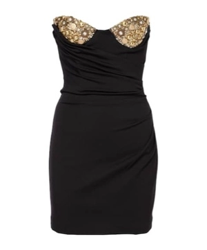 AREA Embellished Draped Jersey Bustier Dress - Black