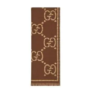 Gucci Gg Jacquard Fringed Edge Scarf - Brown