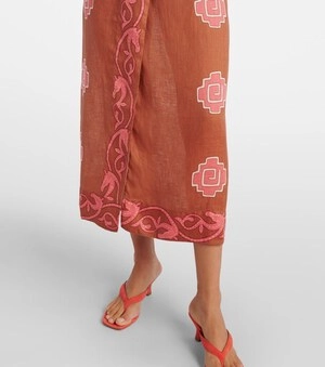 Johanna Ortiz Embroidered Smocked Linen Midi Dress
