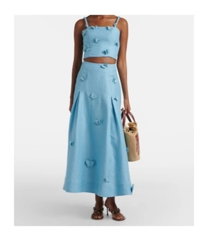 Farm Rio Patch-appliqué Linen Midi Skirt