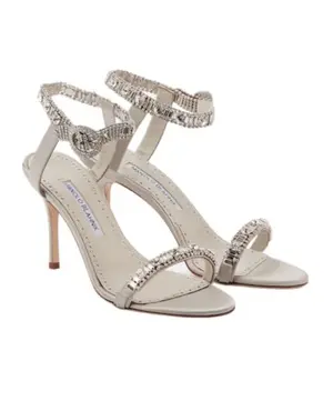 Manolo Blahnik Rhinestone Embellished Satin High Heel Sandals - Nude