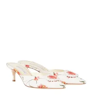 Manolo Blahnik Floral Satin Mule Sandals With Rhinestone Buckles - White