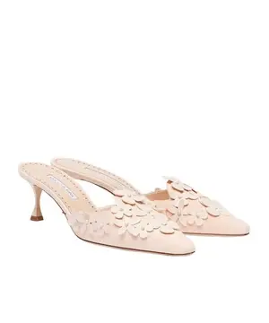 Manolo Blahnik Floral-appliqué Suede Mules - Nude