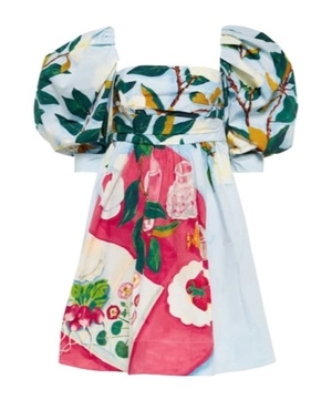 Oscar De La Renta Tablescape Puff-sleeve Cotton Poplin Minidress - Multicolor