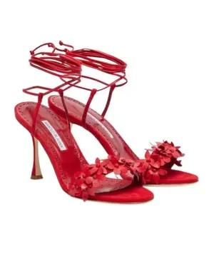 Manolo Blahnik Elegant Floral Decor High Heel Sandals - Red