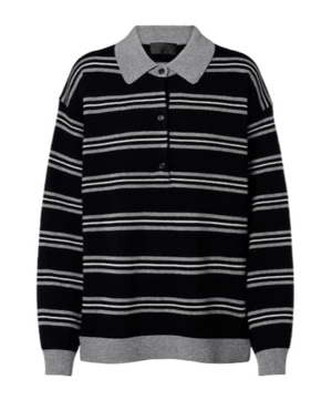NILI LOTAN Galvez Striped Cashmere Polo Sweater - Black