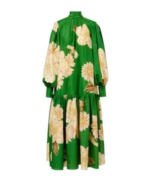 ALEMAIS Sage Floral Silk Midi Dress - Green