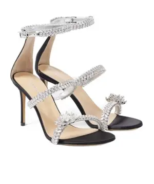 MACHMACH Crystal Flower Embellished Satin Sandals - Nude