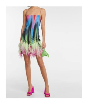 Attico Fujiko Feather-trimmed Printed Minidress
