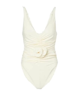 Magda Butrym Floral-appliqué Ruched Swimsuit - White