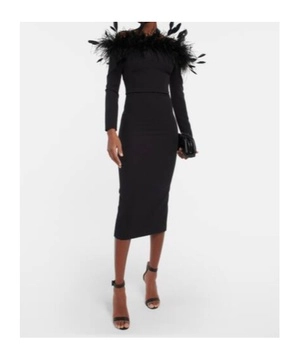 SAFIYAA LONDON Feather-trimmed Bardot Neck Midi Dress
