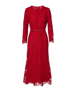 Monique Lhuillier Belted Lace Midi Dress - Red
