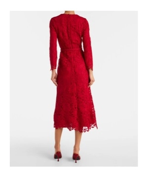 Monique Lhuillier Belted Lace Midi Dress