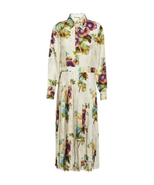 Tory Burch Floral Pleated Satin Shirt Dress - Nude