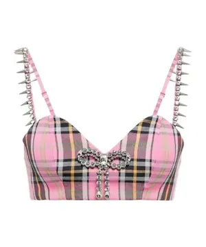 AREA Embellished Cropped Plaid Corset Top - Pink