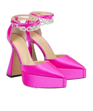 MACHMACH Bow Chain Embellished Satin Platform Pumps