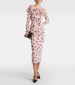 Alessandra Rich Floral Off-shoulder Silk Midi Dress - Light Pink