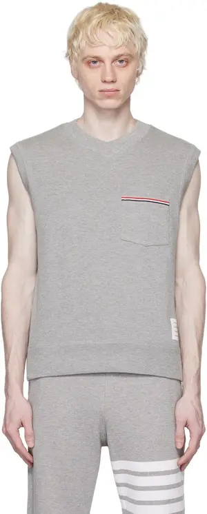 Thom Browne Grey Cotton Vest With Striped Pocket
