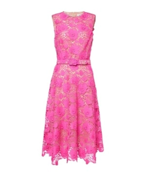 Oscar De La Renta Floral Lace Midi Dress With Belt - Pink