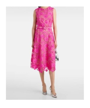 Oscar De La Renta Floral Lace Midi Dress With Belt - Pink