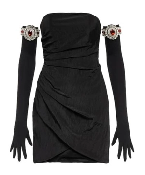 David Koma Sleeveless Ruched Moir Mini Dress With Embellished Gloves