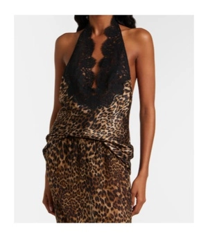 NILI LOTAN Teo Leopard-print Silk Satin Halterneck Top With Lace Trim - Black