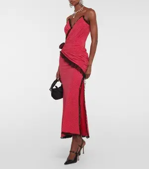 Alessandra Rich Polka Dot Silk Maxi Dress With Floral Applique - Fuchsia/black