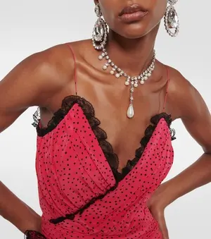 Alessandra Rich Polka Dot Silk Maxi Dress With Floral Applique - Fuchsia/black