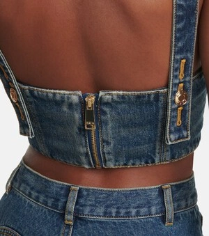 AREA Claw Embellished Denim Bustier