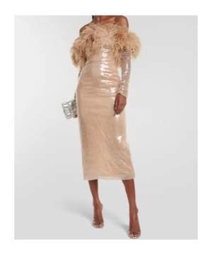 David Koma Feather-trimmed Sequined Midi Dress - Nude