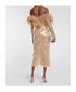 David Koma Feather-trimmed Sequined Midi Dress - Nude